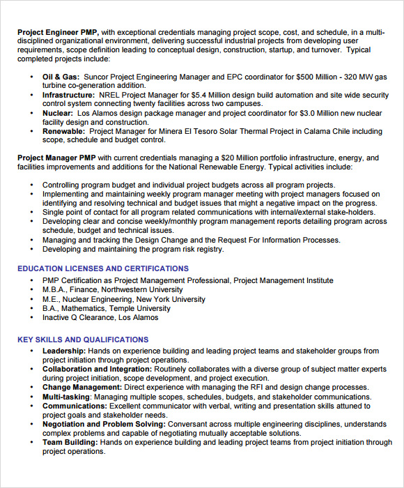 FREE 7 Project Manager Resume Templates In Samples In PDF