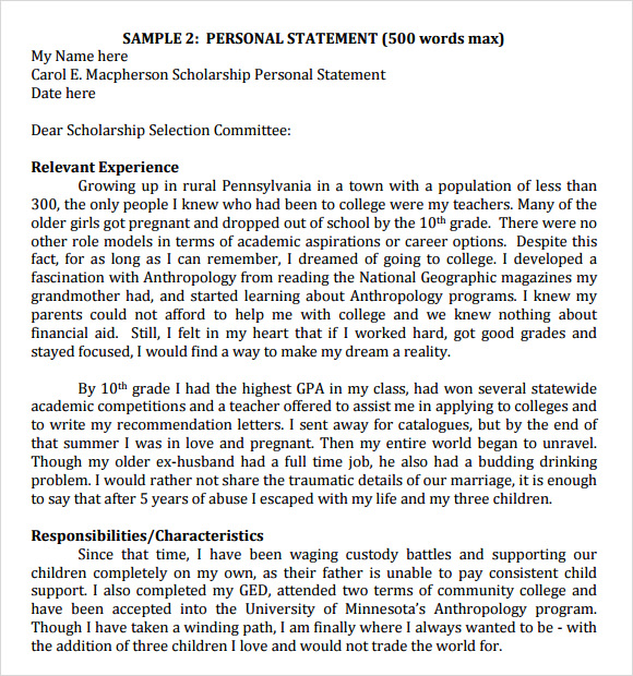 9 Sample Personal Statements Sample Templates