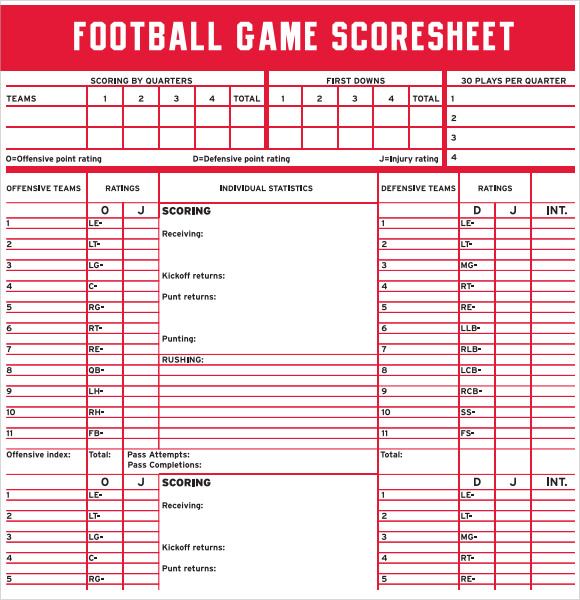 FREE 12 Sample Football Score Sheet Templates In PDF