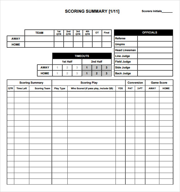 FREE 12 Sample Football Score Sheet Templates In PDF