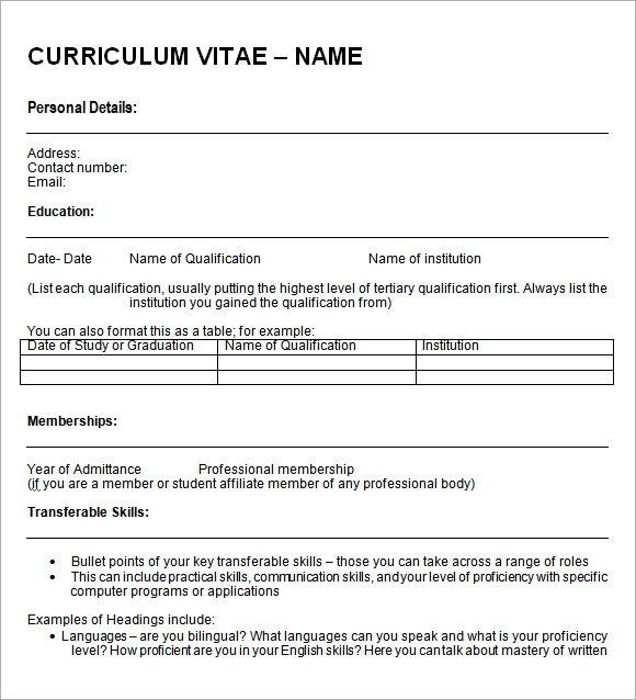 Curriculum Vitae Template Free