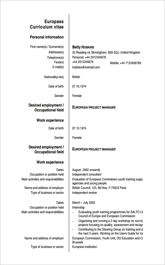 FREE 6 Sample Europass Curriculum Vitae Templates In PDF MS Word