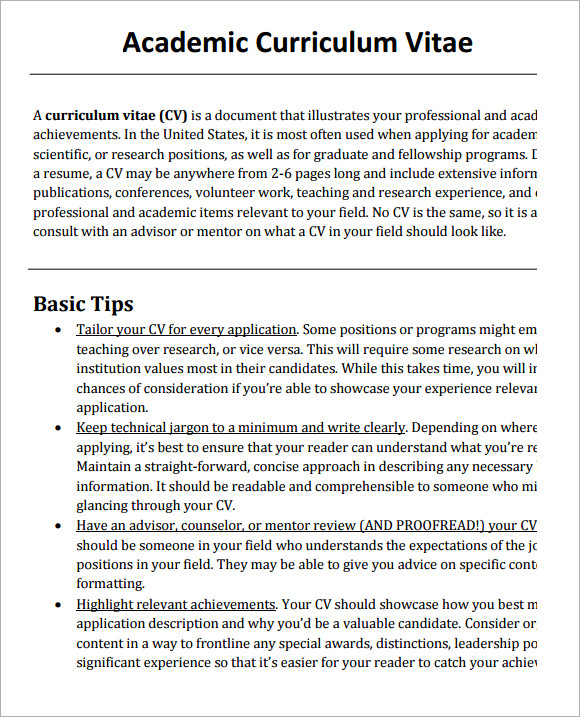 Sample Academic CV Template 8 Download Documents In PDF Word 