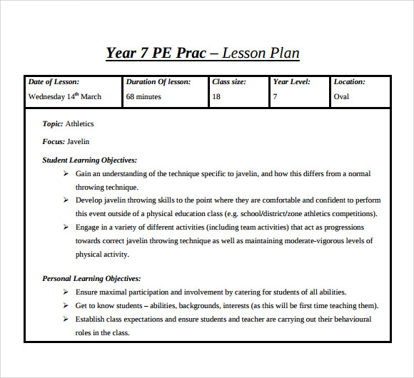 FREE 6 Sample Physical Education Lesson Plan Templates In PDF MS Word