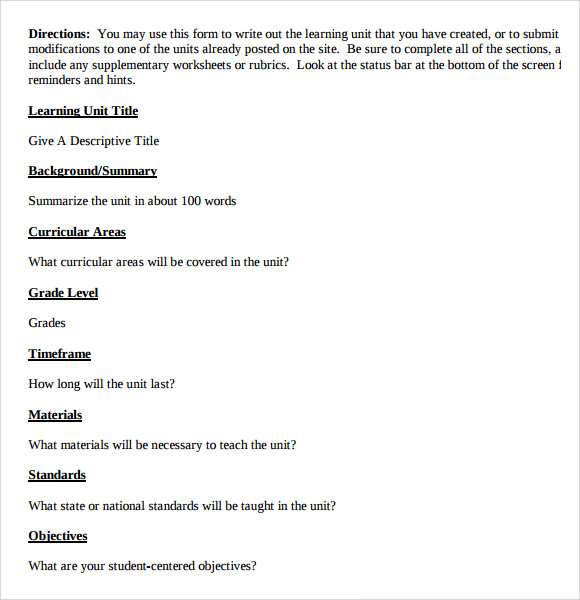 FREE 7 Sample Unit Lesson Plan Templates In PDF MS Word