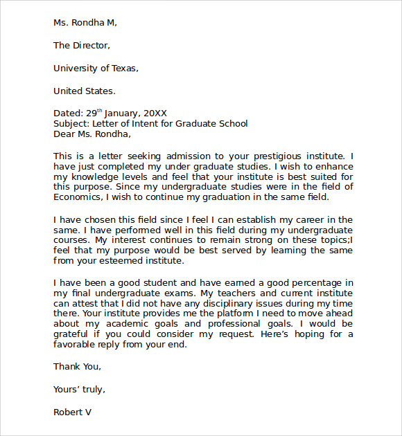 Phd Program Letter Of Intent Sample Style Of Letter