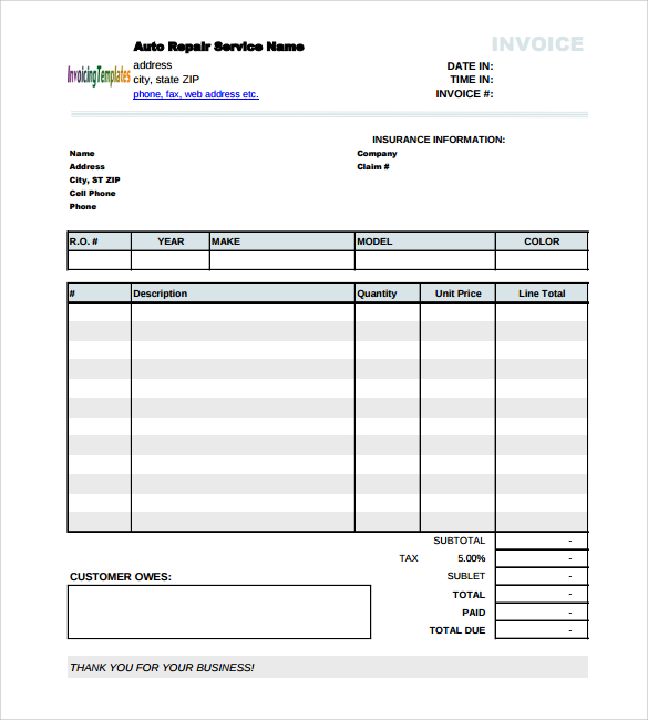 Auto Repair Invoice Template Word Professional Sample Template Collection
