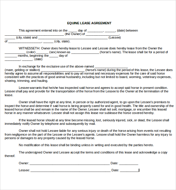 FREE 9 Sample Horse Lease Agreement Templates In PDF MS Word