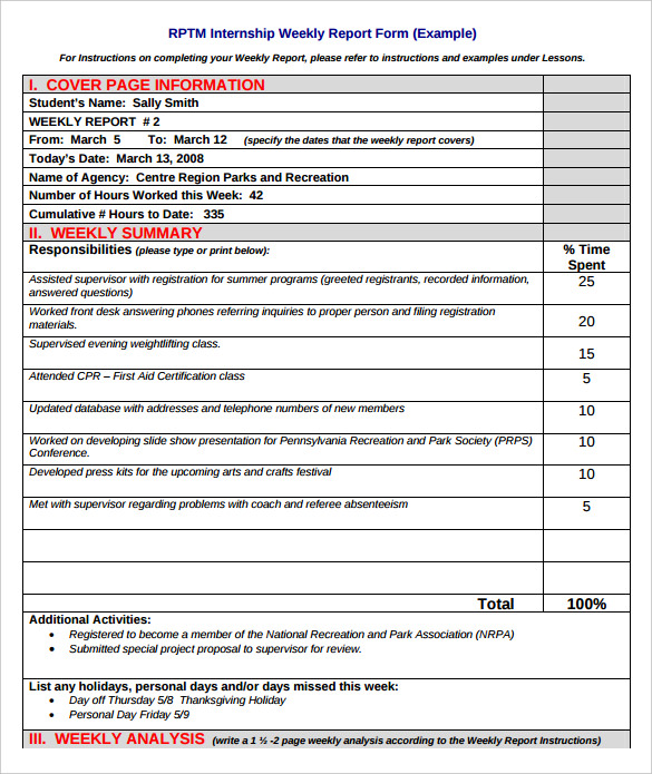 Preschool Weekly Report Template