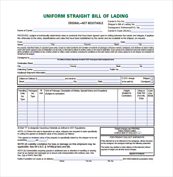 FREE 9 Sample Bill Of Lading Forms In PDF