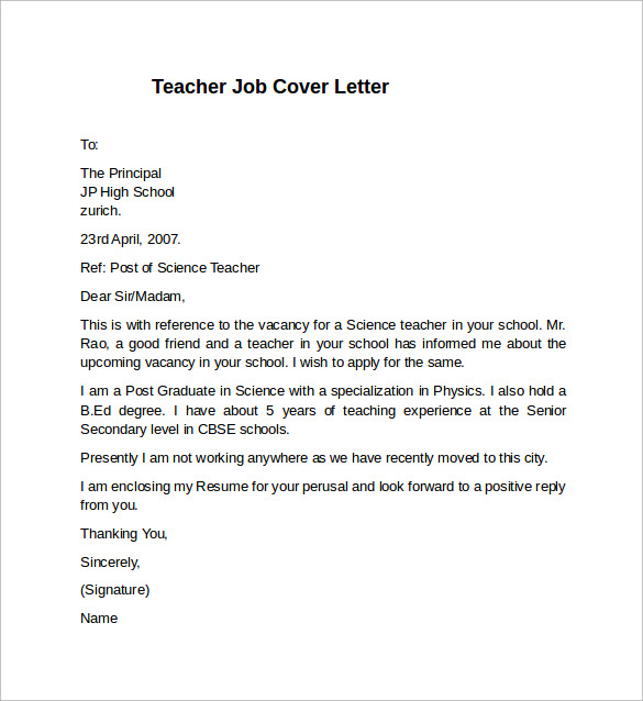 FREE 14 Teacher Cover Letter Examples In PDF MS Word Google Docs Pages