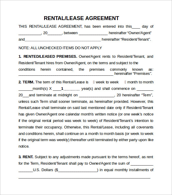 10 Sample Rental Lease Agreement Templates Sample Templates