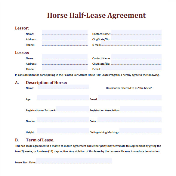 8 Sample Horse Lease Agreements Sample Templates