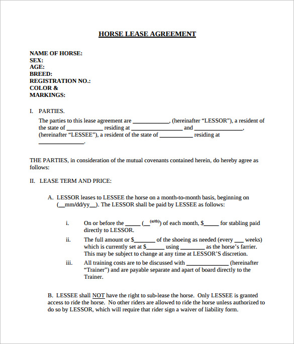 FREE 8 Sample Horse Lease Agreement Templates In PDF MS Word