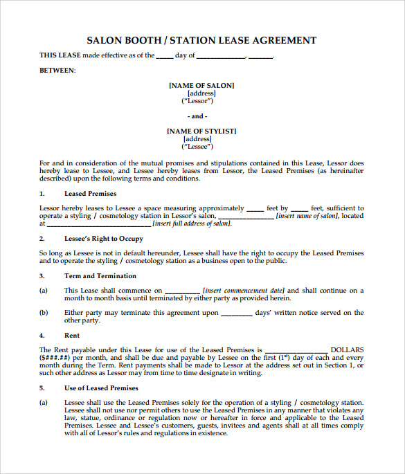 Free Booth Salon Rental Lease Agreement Pdf Word Free Salon Booth 