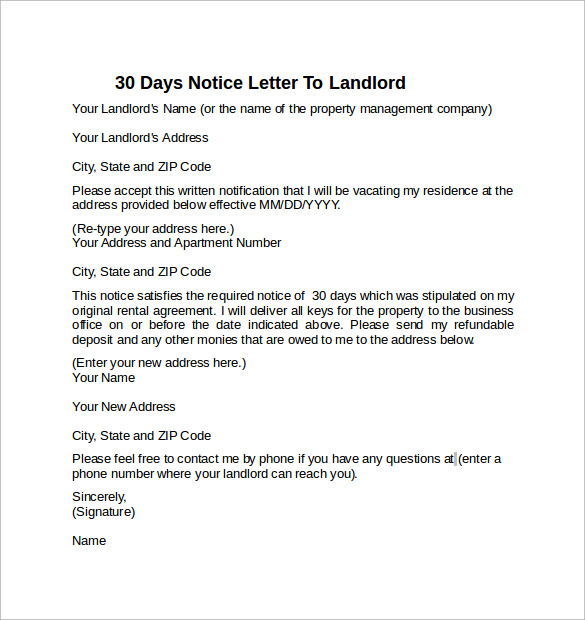FREE 10 Sample 30 Days Notice Letters To Landlord In PDF MS Word Pages Google Docs