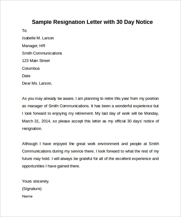 8 Sample 30 Day Notice Letters Sample Templates