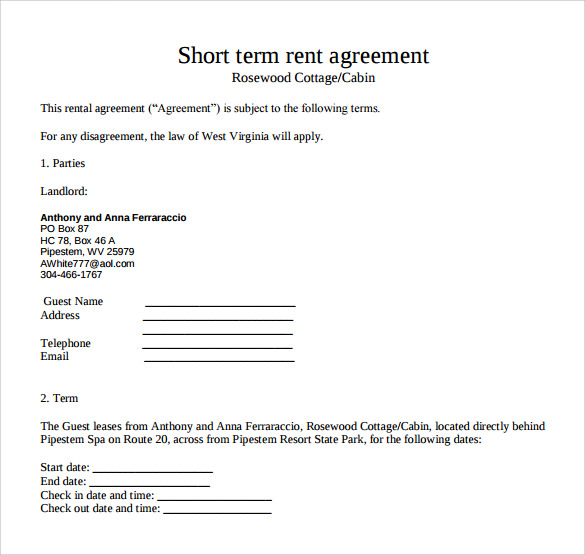 FREE 9 Sample Short Term Rental Agreements In PDF MS Word Google 