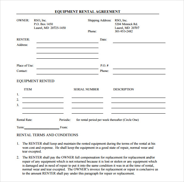 Equipment Rental Contract Template Free Printable Templates