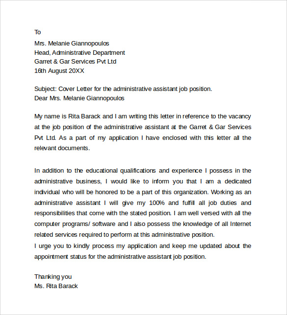 8 Sample Administrative Assistant Cover Letter Templates Sample Templates