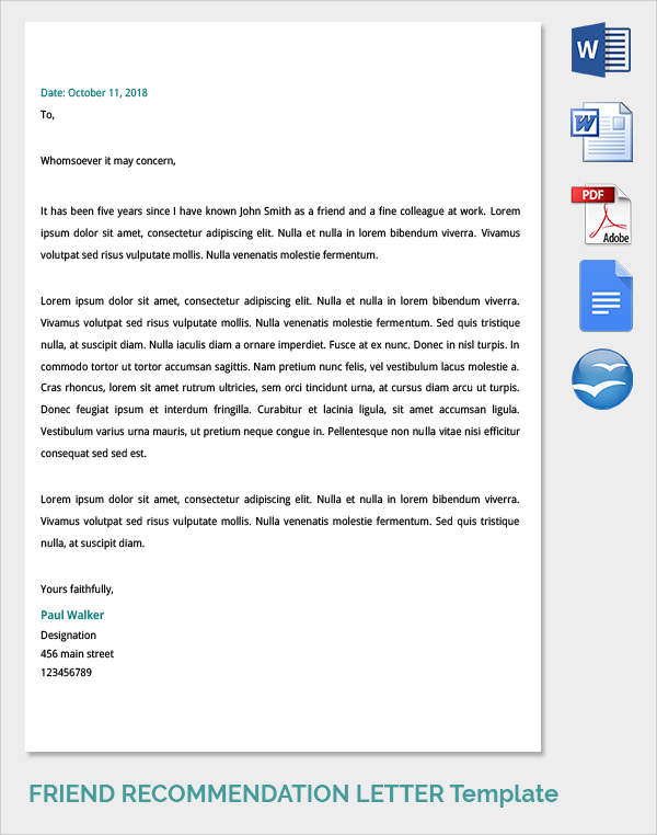 18 Sample Reference Letter For A Friend Sample Templates 18 Sample Reference Letter For A Friend Sample Templates