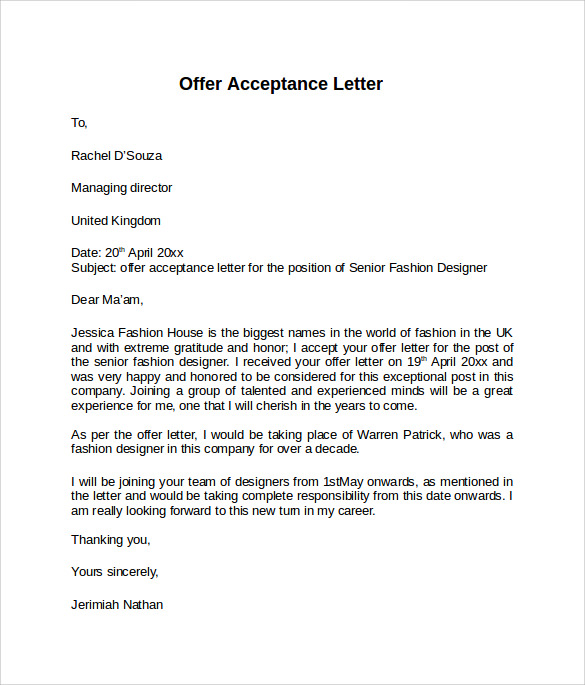 FREE 8 Sample Offer Acceptance Letter Templates In PDF MS Word