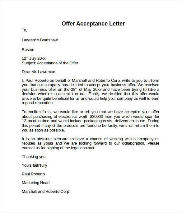 FREE 8 Sample Offer Acceptance Letter Templates In PDF MS Word