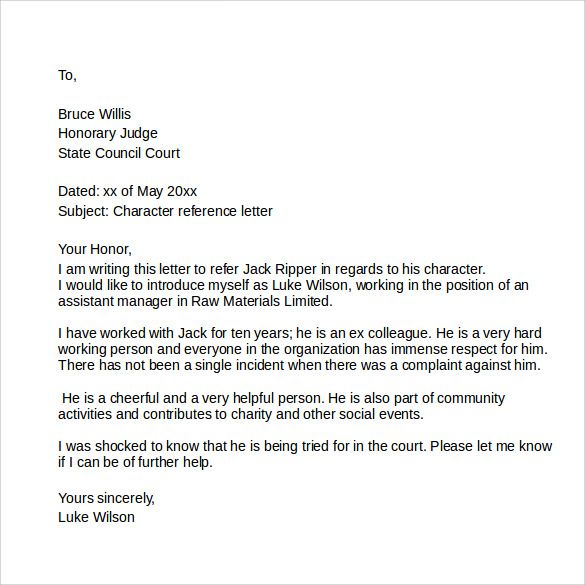 Examples Of Character Letters Written To Judges Character Letter For 