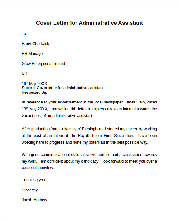 Sample Cover Letter For Administrative Assistant With