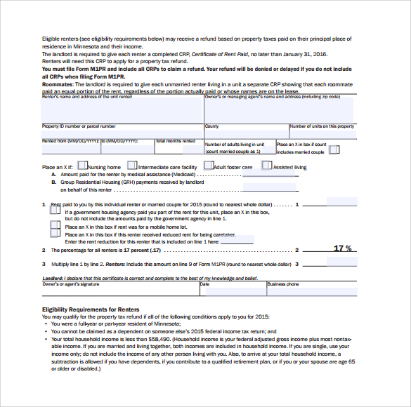 11 Rent Certificate Form Templates Sample Templates