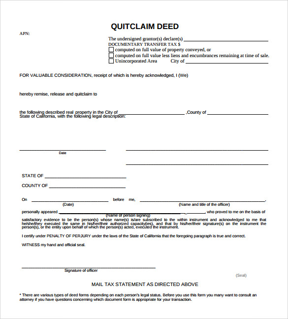 Free Printable Blank Quit Claim Deed Form