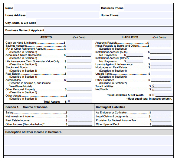 Sba Personal Financial Statement