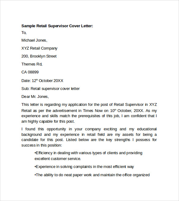 Cover Letter For Supervisor Sample Cover Letter