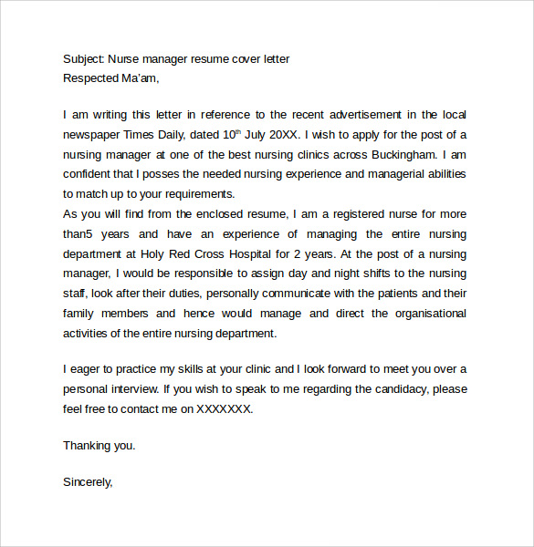 Nurse Manager Cover Letter For Resume