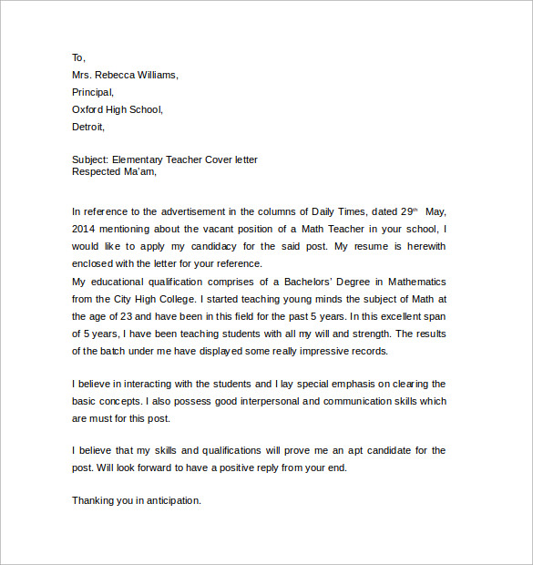 FREE 16 Sample Teacher Cover Letter Templates In PDF MS Word 