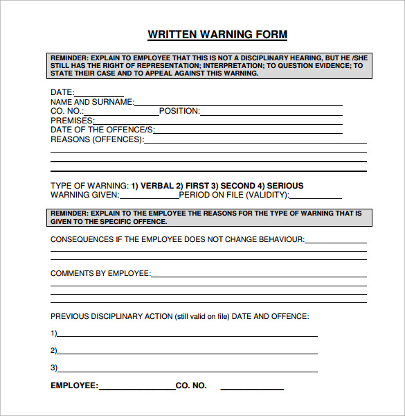 Printable Employee Written Warning Template Free