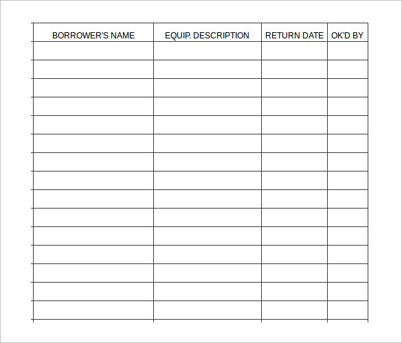 Equipment Sign Out Sheet Template Excel