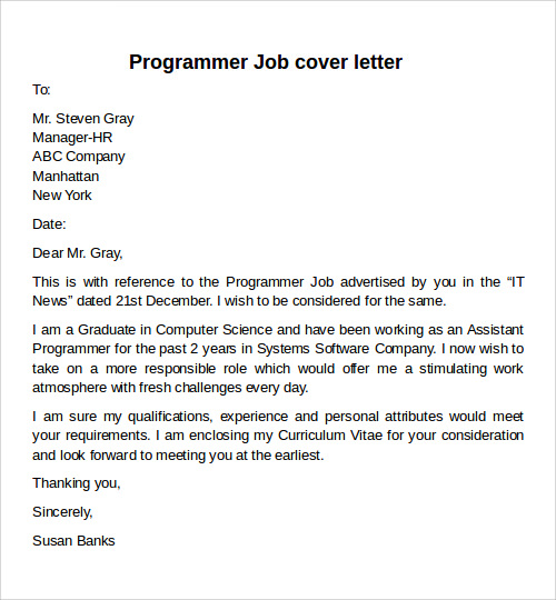 Application Letter Example For Programmer Cover Letter