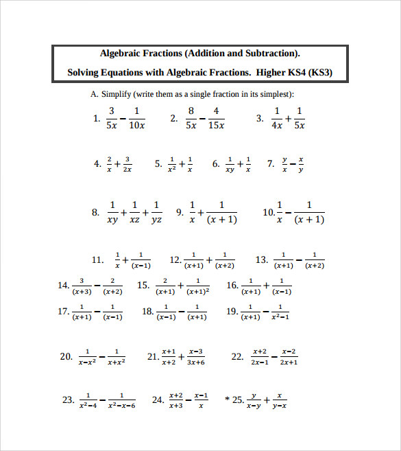 FREE 9 Sample Algebraic Subtraction Worksheet Templates In PDF