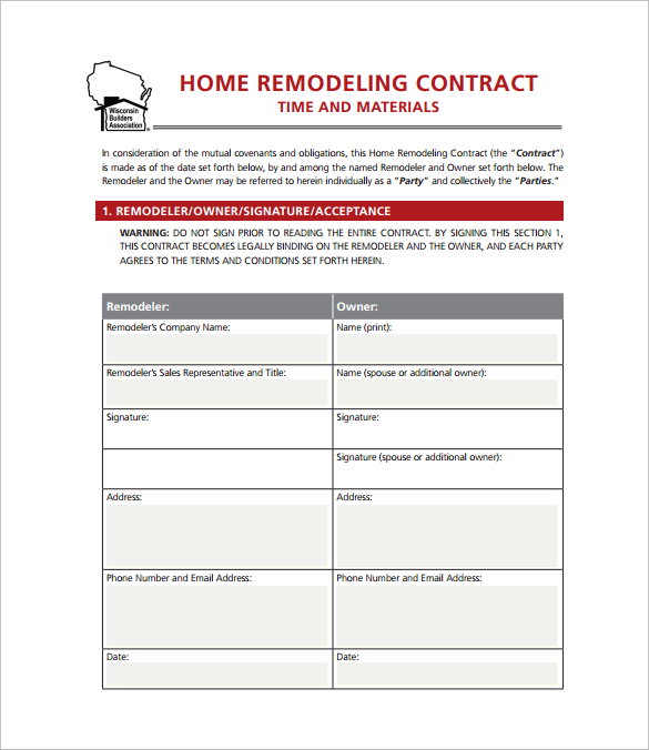 FREE 9 Home Remodeling Contract Templates In MS Word Apple Pages 