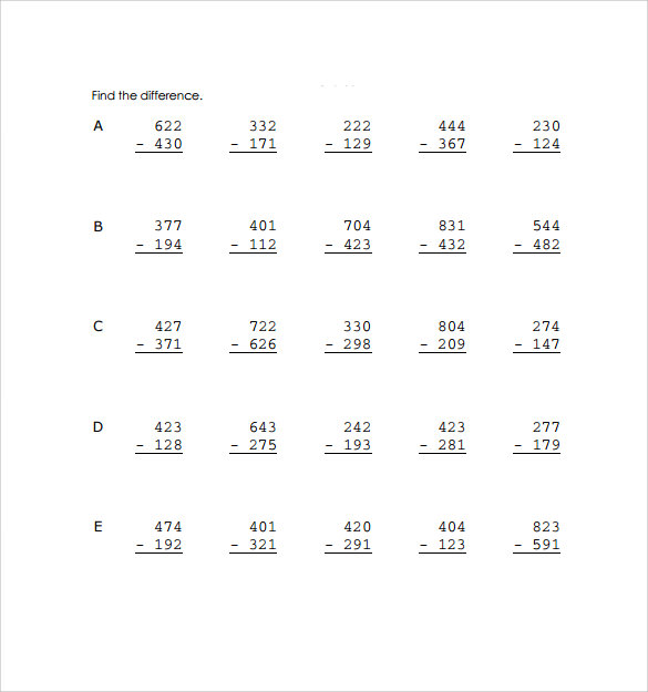FREE 12 Sample Vertical Subtraction Worksheet Templates In PDF MS Word