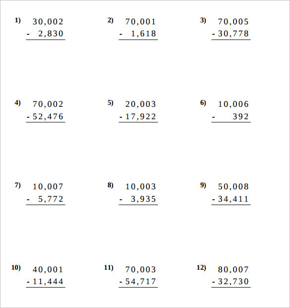 FREE 10 Sample Subtraction Across Zeros Worksheet In MS Word PDF