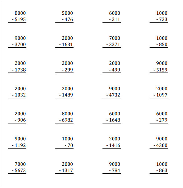 Subtracting Across Zeros Worksheets