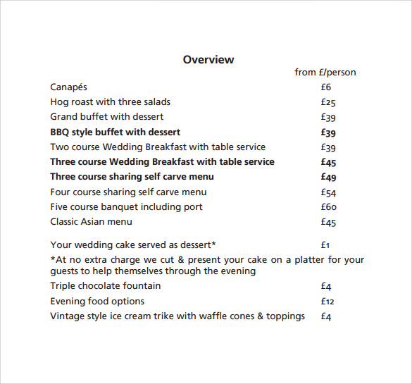 FREE 14 Sample Wedding Price Lists In PDF MS Word PSD