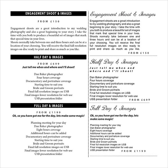 Wedding Price List Template Free Printable Templates