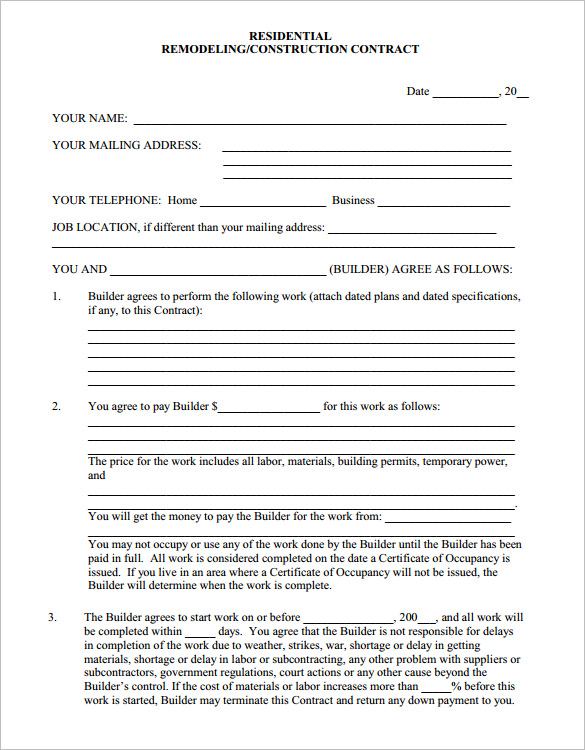 Free Printable Simple Home Repair Contract Template