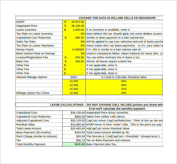 FREE 9 Sample Lease Payment Calculator Templates In Excel