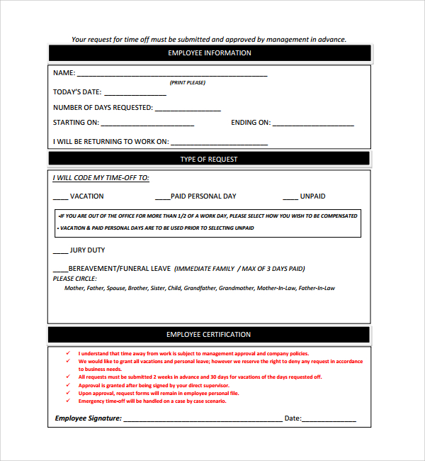 FREE 23 Sample Time Off Request Forms In PDF MS Word FREE 23 Sample Time Off Request Forms In PDF MS Word