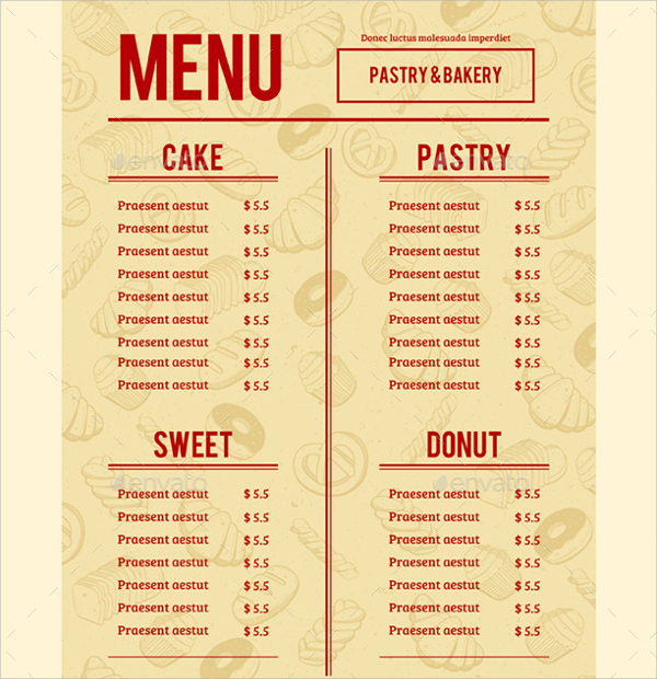 FREE 21 Sample Bakery Menu Templates In AI Pages PSD MS Word