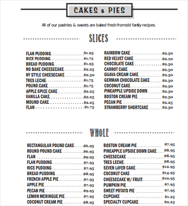 FREE 21 Sample Bakery Menu Templates In AI Pages PSD MS Word
